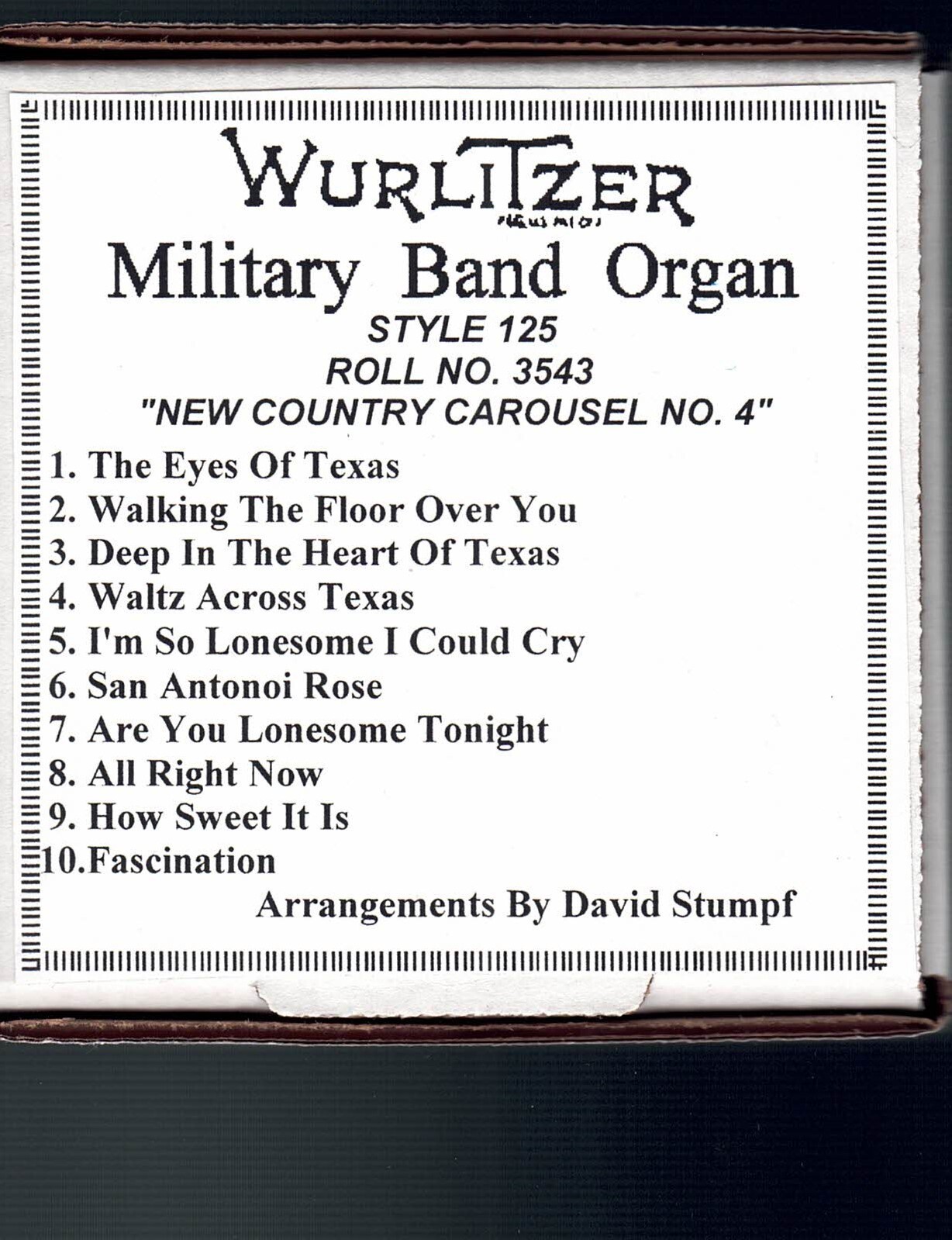 WURLITZER STYLE 125 BAND ORGAN MUSIC ROLL NO. 3543 COUNTRY CAROUSEL NO ...