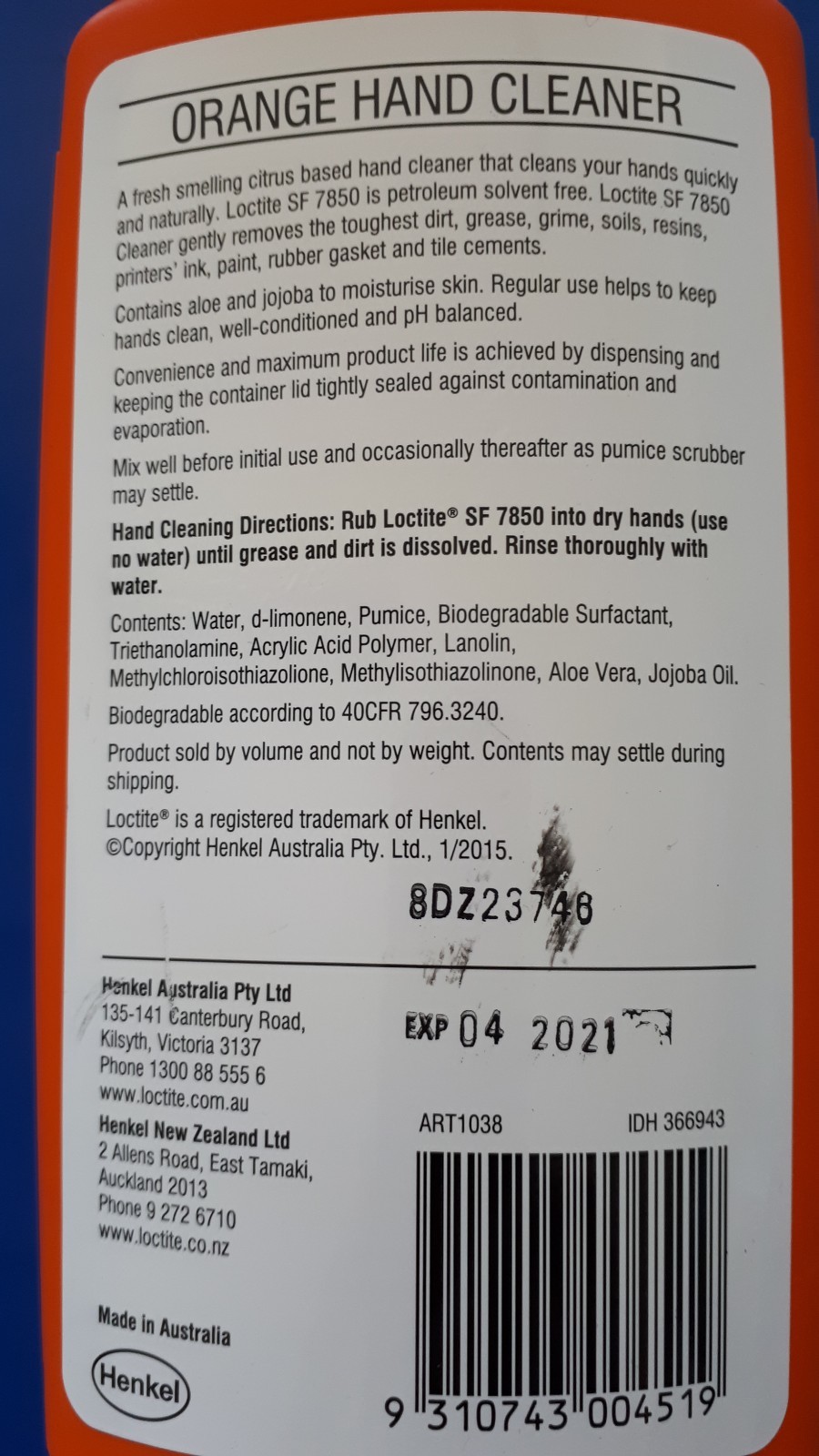 LOCTITE - SF 7850 ORANGE HAND CLEANER 400ml , With Aloe Vera, Lanolin ...