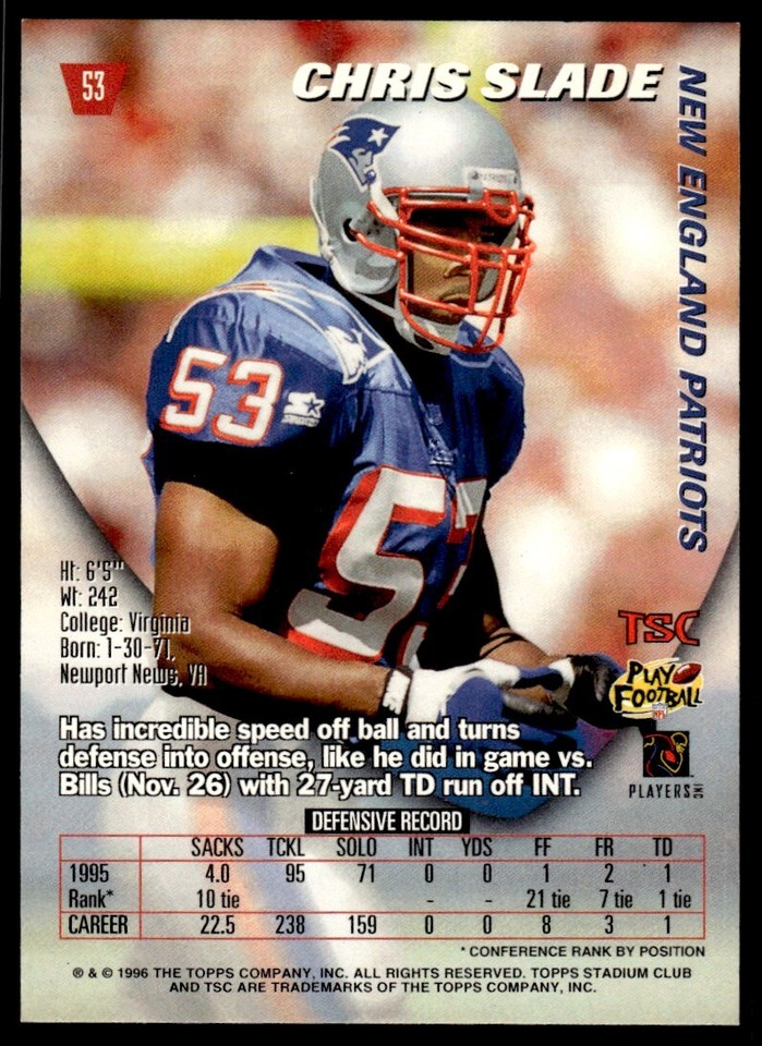 1996 Stadium Club Football Card Chris Slade A New England Patriots #53 ...