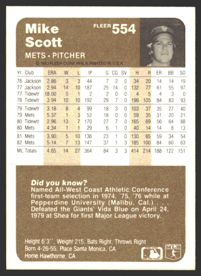 Mike Scott #554 1983 Fleer New York Mets | eBay