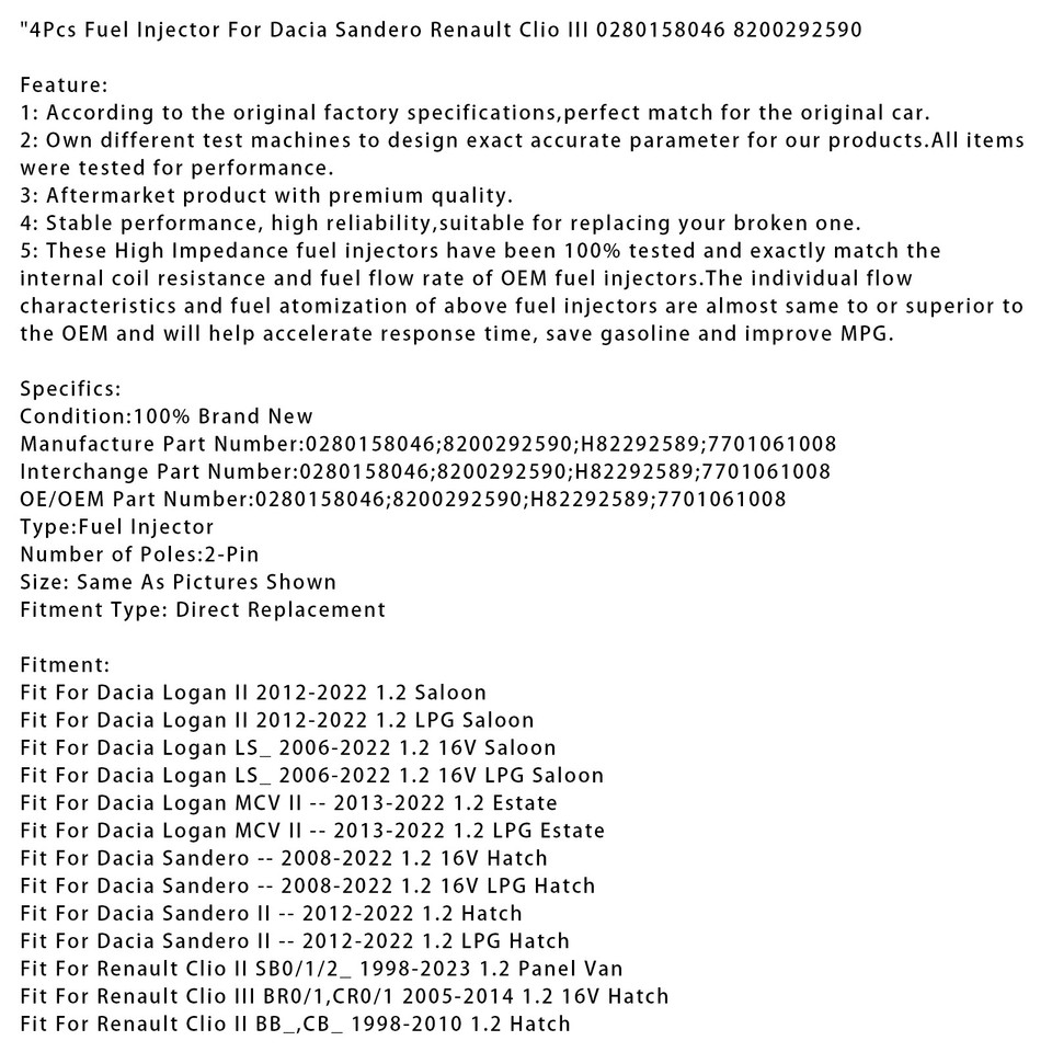 4Pcs Fuel Injector For Dacia Sandero Renault Clio III 0280158046 ...