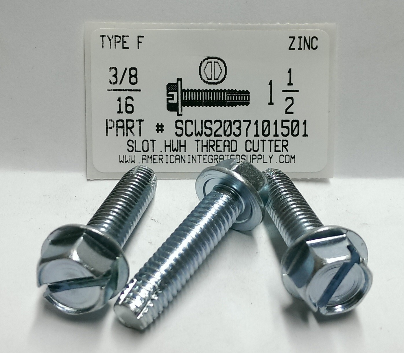 3/8-16x1-1/2 Hex Washer Slot Thread Cutting Screws Type F Steel Zinc ...