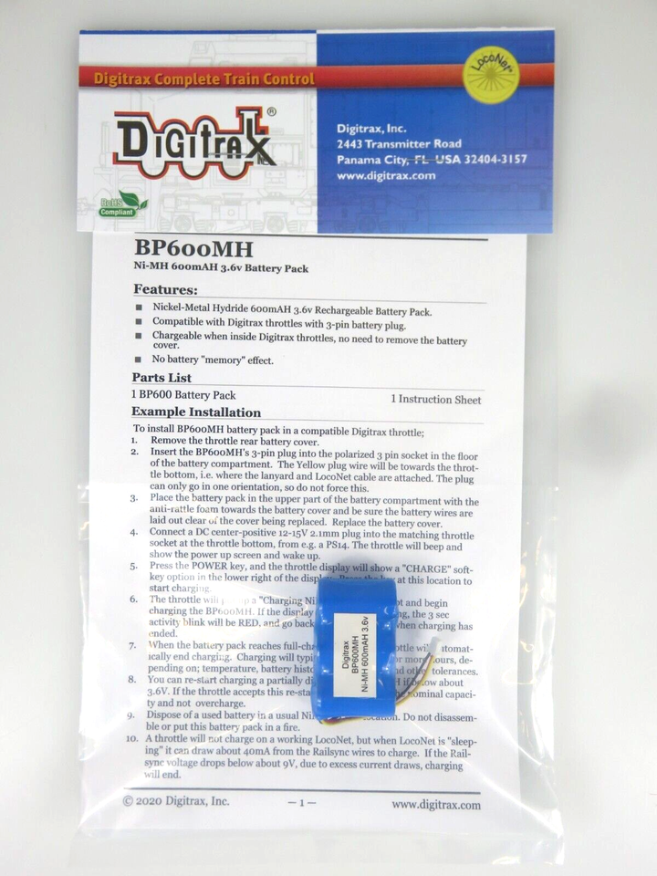 Digitrax BP600MH Ni-MH 600mAH 3.6v Battery Pack for DT602 Throttles | eBay