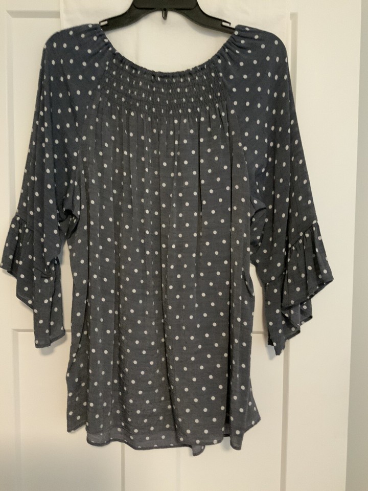 C and Rachel Gray with White Polka Dots Ladies Blouse with Bell Sleeves ...