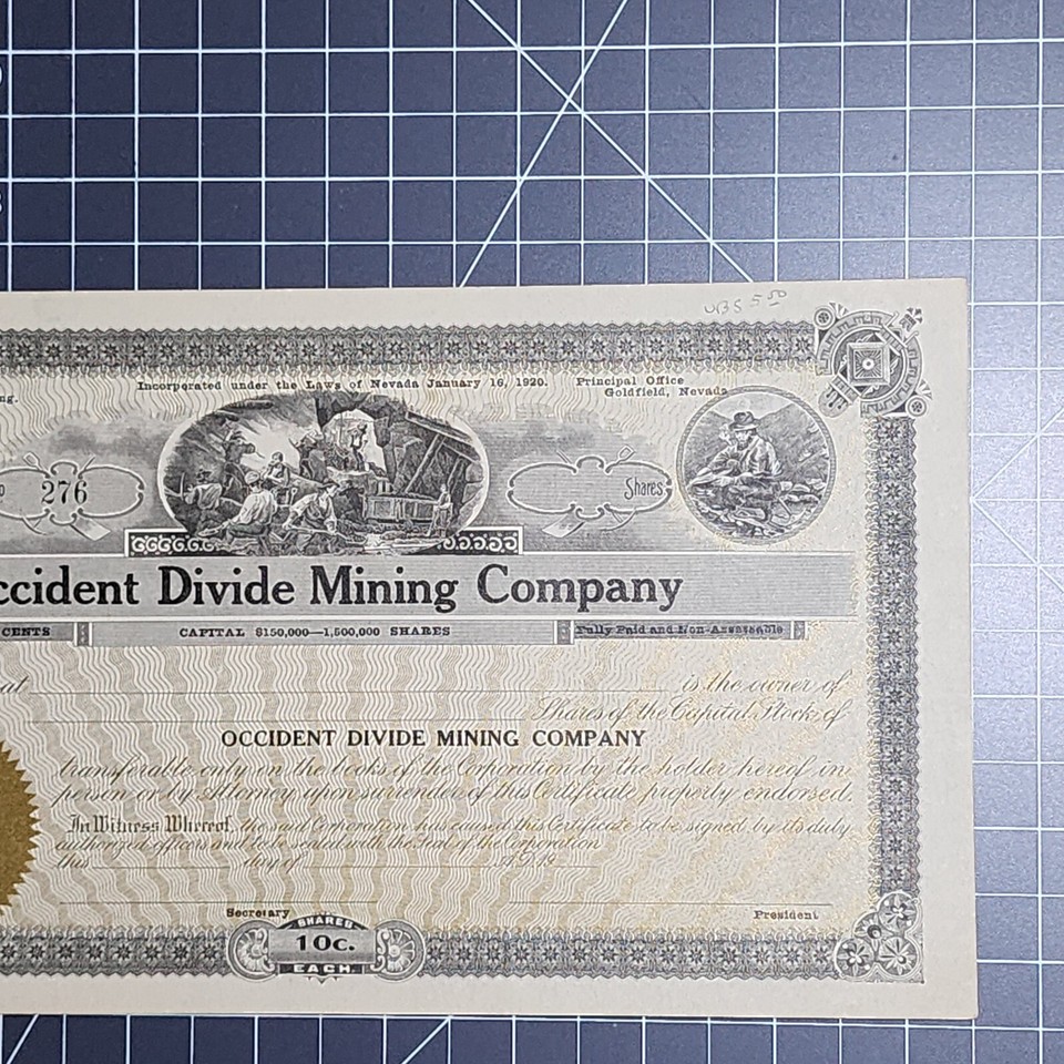 1920 Goldfield NV Occident Divide Gold Mining Co. Unused 10 cent Share ...