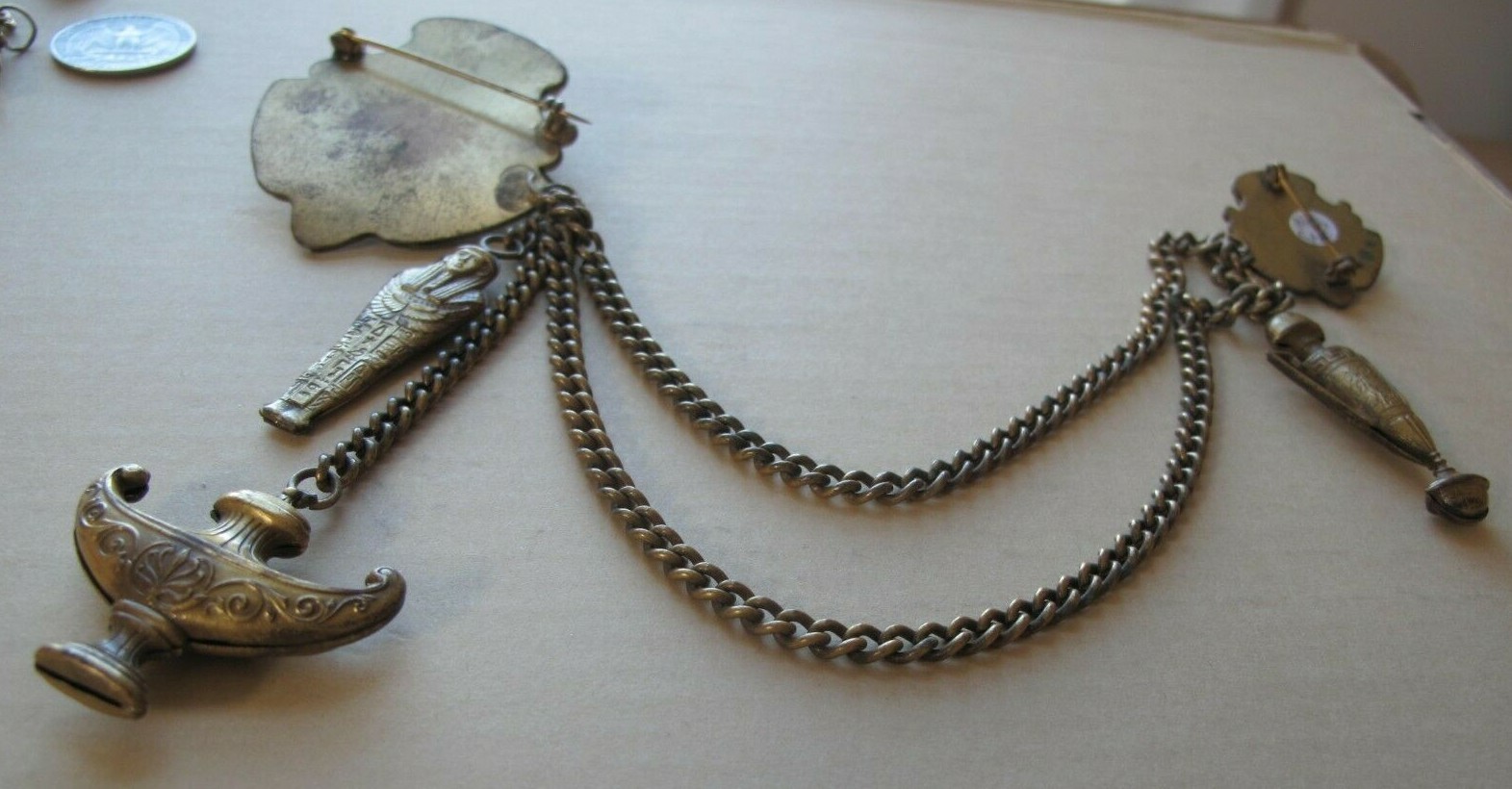 VINTAGE EGYPTIAN REVIVAL SWAG / CHATELAINE PIN SYMBOLIST HEADS MUMMY ...