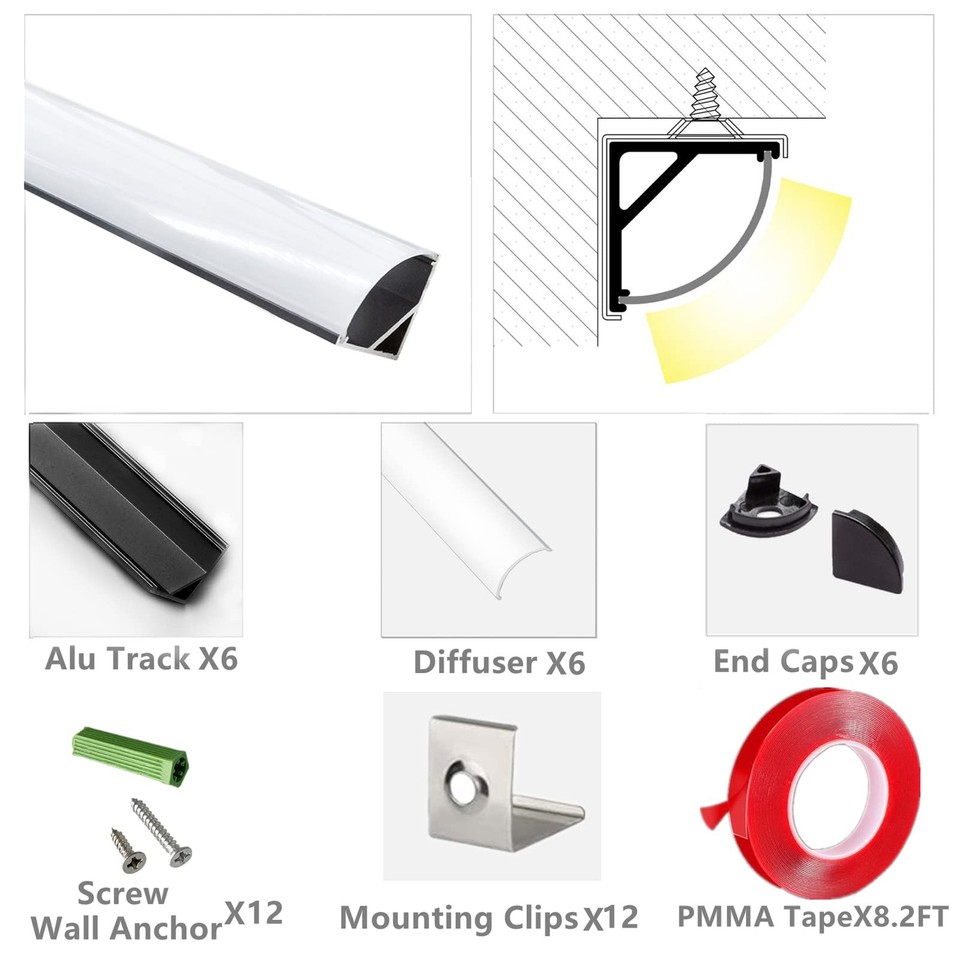 6 Pack 16 V Shape LED Strip Black Channel, Corner, Anti UV Diffuser ...