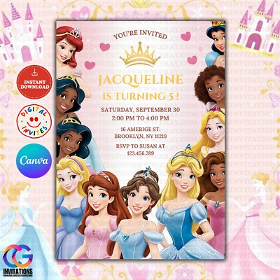 Editable Princess Birthday Invitation, Girl Princess Party Invitation ...