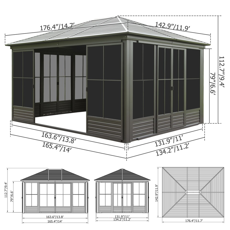 12x14 Outdoor Sunroom Hardtop Gazebo All Weather Aluminum Solarium ...