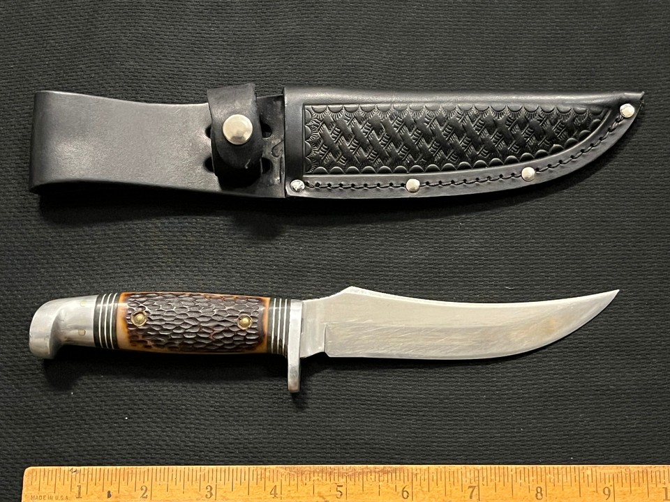 Western Fixed Blade Hunting Knife w/ Leather Sheath USA 9"Long | eBay