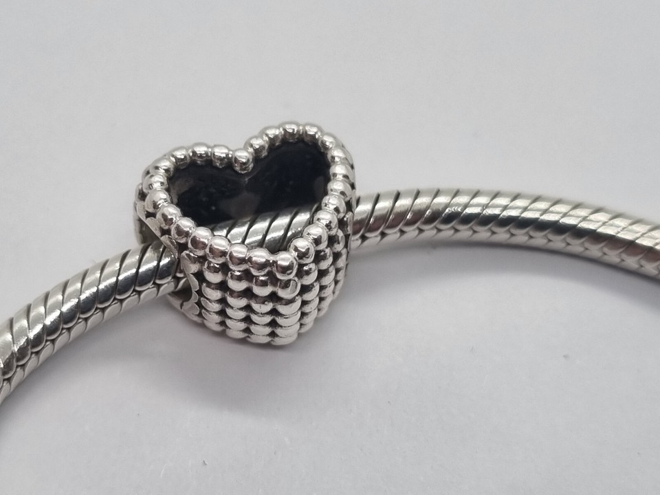 PANDORA 18CM PAVE SILVER & 14ct GOLD CHARM BRACELET & OPEN HEART CHARM ...