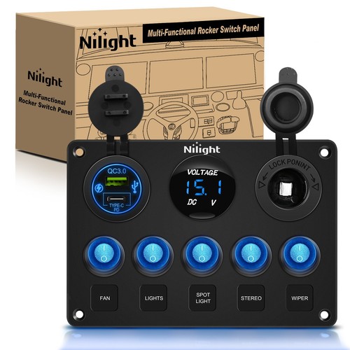 Nilight 5 Gang Multi Function Waterproof Switch Panel PD Type C and USB ...