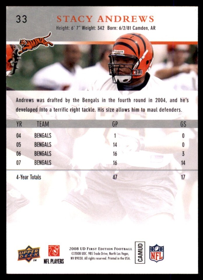 2008 Upper Deck First Edition Stacey Andrews Cincinnati Bengals #33 | eBay