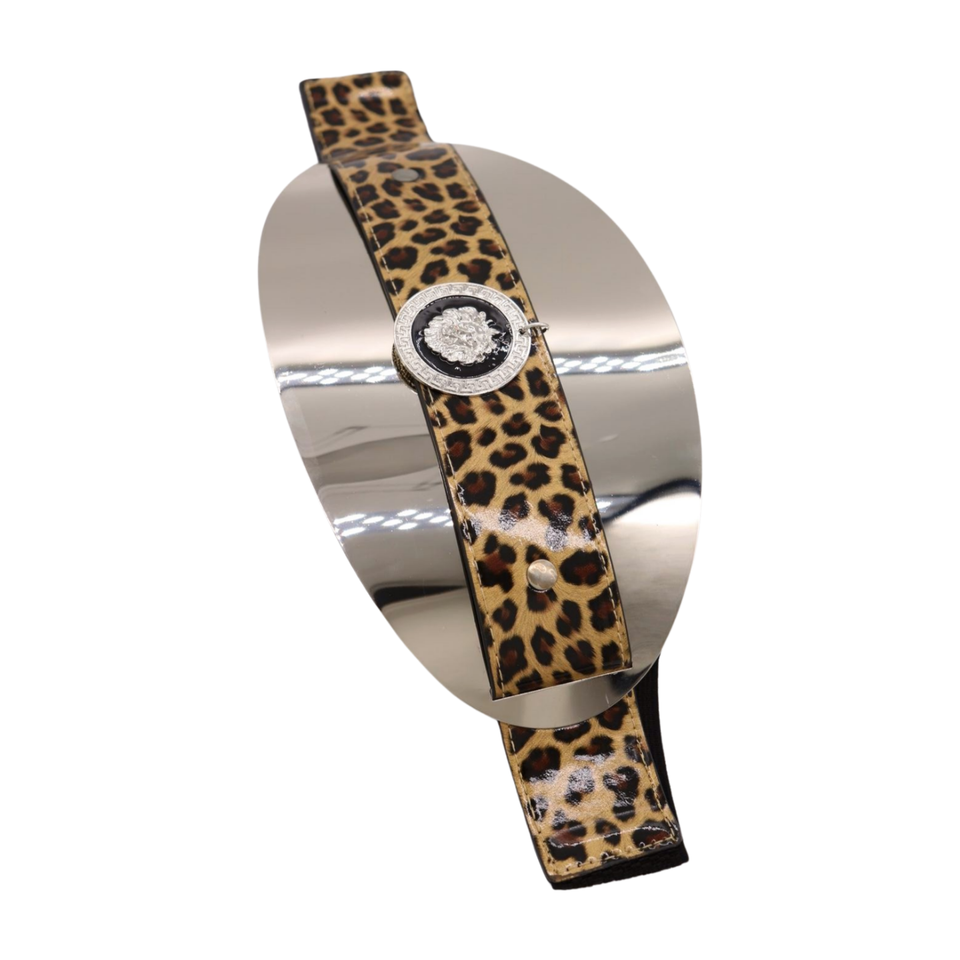 Women Black Elastic Leopard Band Belt Silver Oval Plate Metal Lion Coin ...