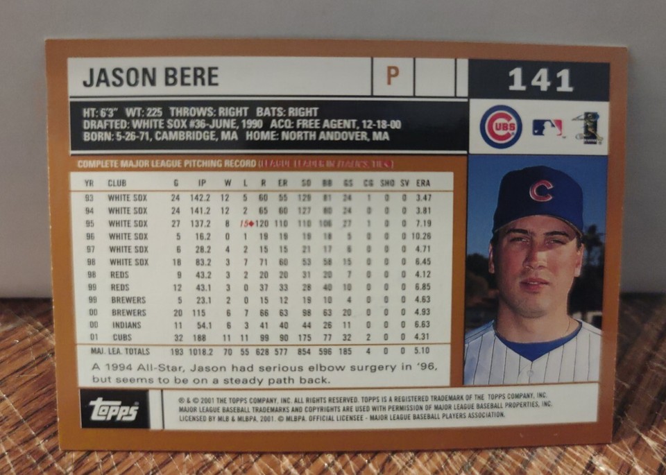 Jason Bere Autographed 2002 Topps Baseball Signed Card #141 Chicago ...