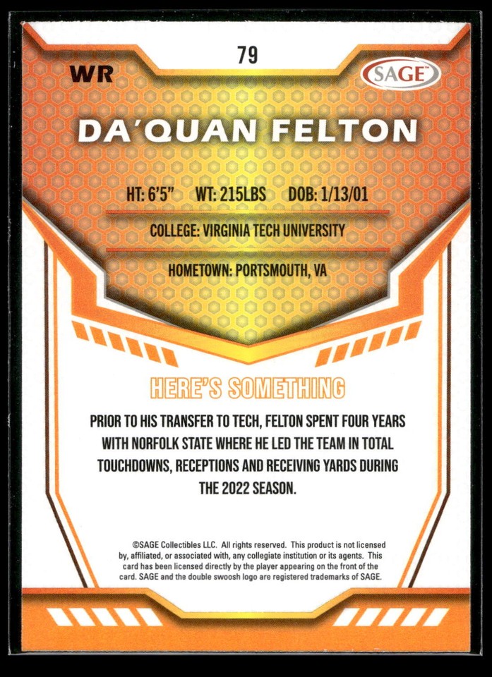 2024 SAGE Low Series Da'Quan Felton SILVER PARALLEL SP Virginia Tech ...