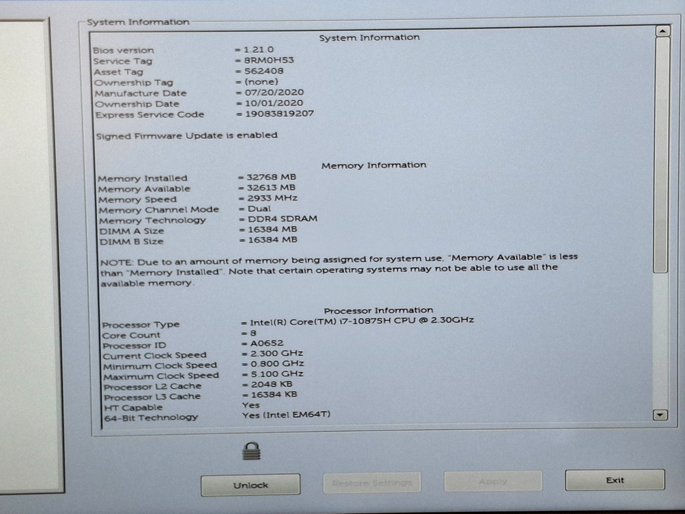 Dell Precision 3551 Laptop Core i7-10875H 2.3GHZ/16GB RAM/256GB SSD Win ...