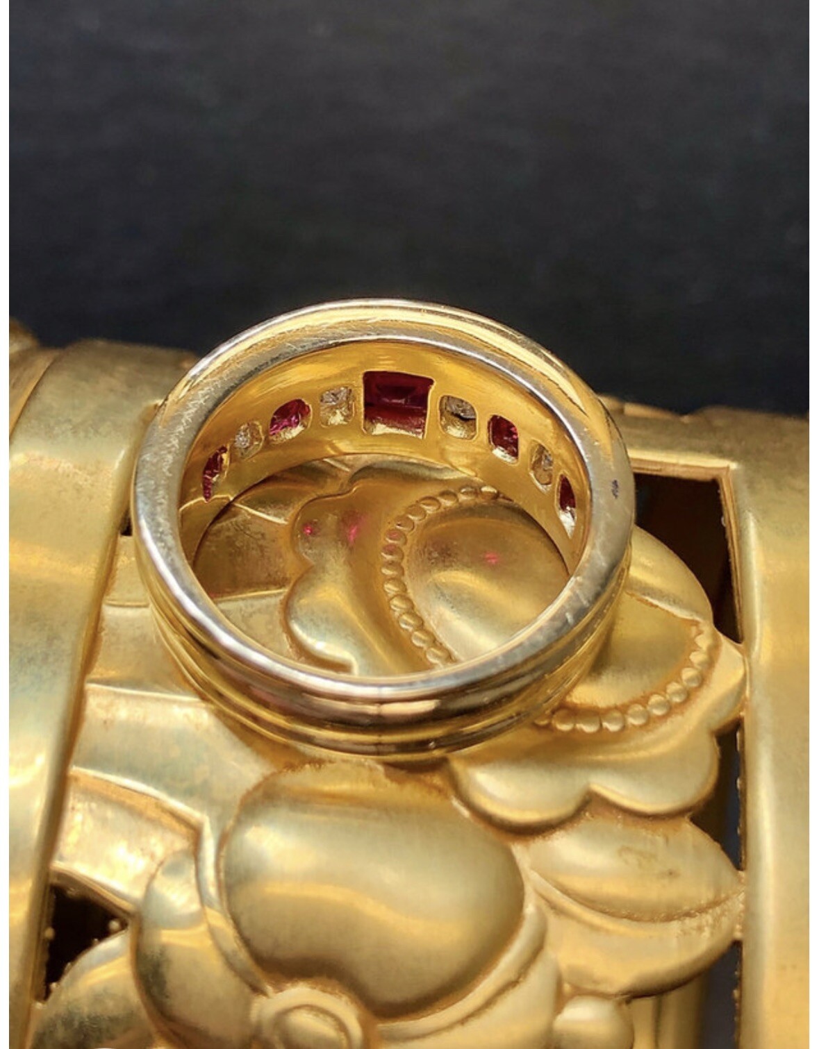 Estate 18K Burmese Ruby Princess Cut Diamond Band Ring - Gem