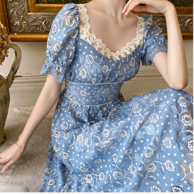 Lady Floral Rose Tea Dress Lace Puff Short Sleeve Ruffle Retro ...