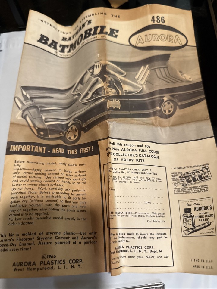 1966 AURORA BATMOBILE MODEL KIT W/ORIGINAL MAIL AWAY 486 1/32 SEE ...