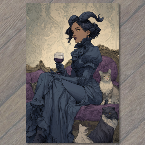 Art Print Horned Woman Wine Glass Cats Purple Sofa Lace Dress Gothic ...