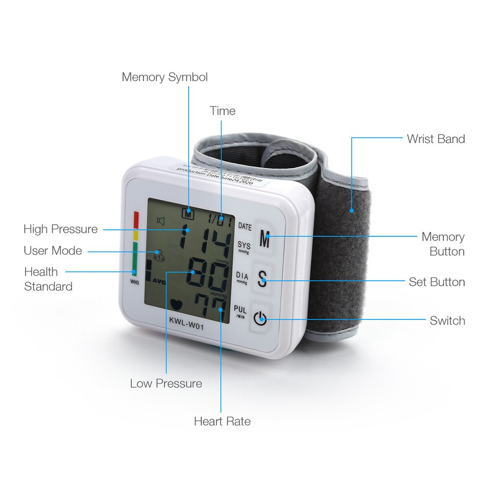 Wrist High Blood Pressure Monitor BP Cuff Machine Heart Rate Gauge Kit ...