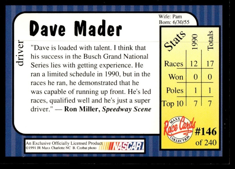 1991 Maxx Dave Mader Rookie Bahre Motorsports #146 | eBay