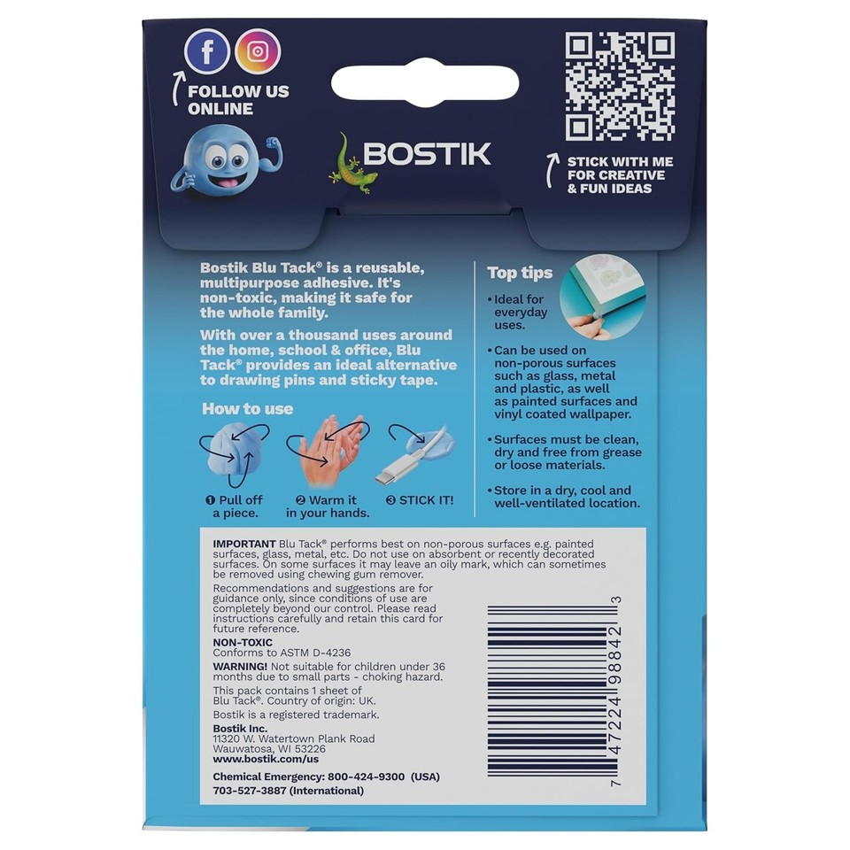 BOSTIK Blu Tack (1 Pack) 1.6oz Multipurpose Mounting Sticky Putty | Non ...