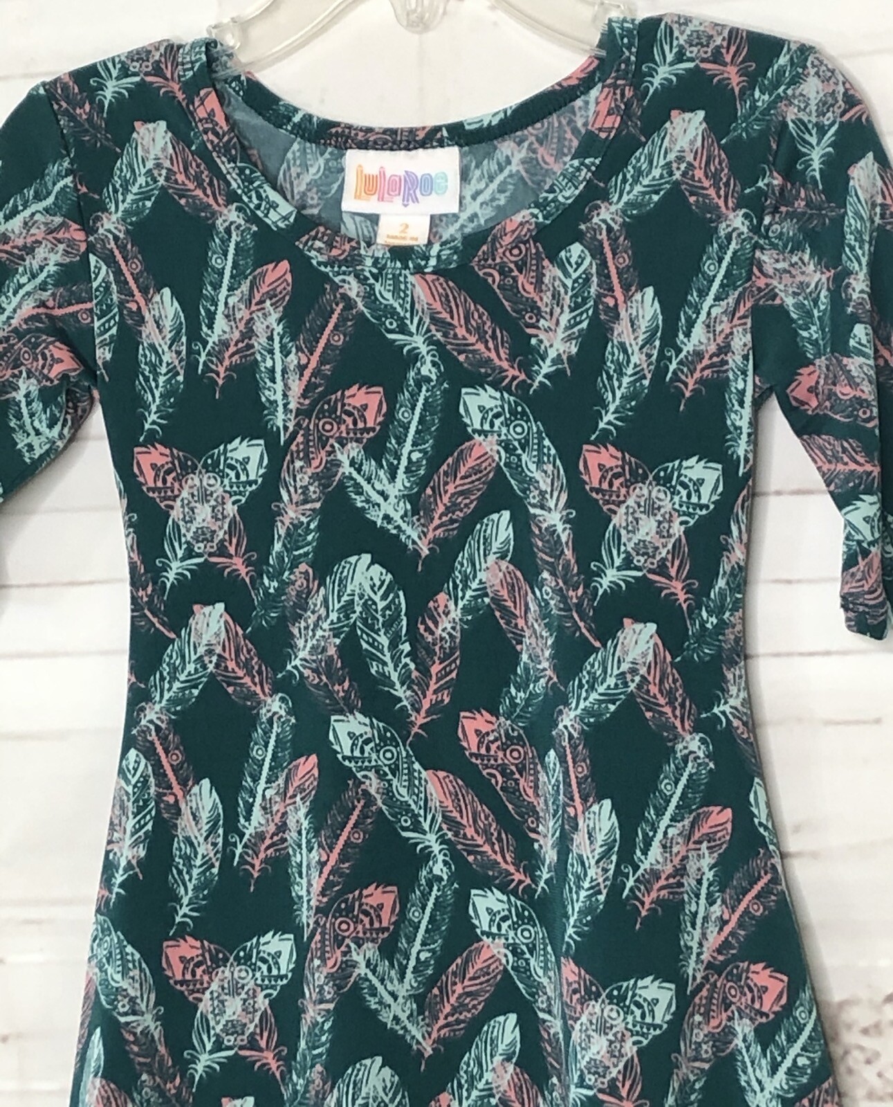 LuLaRoe Adeline Girls Green Feather Mid Sleeve Stretch Casual Dress Sz ...