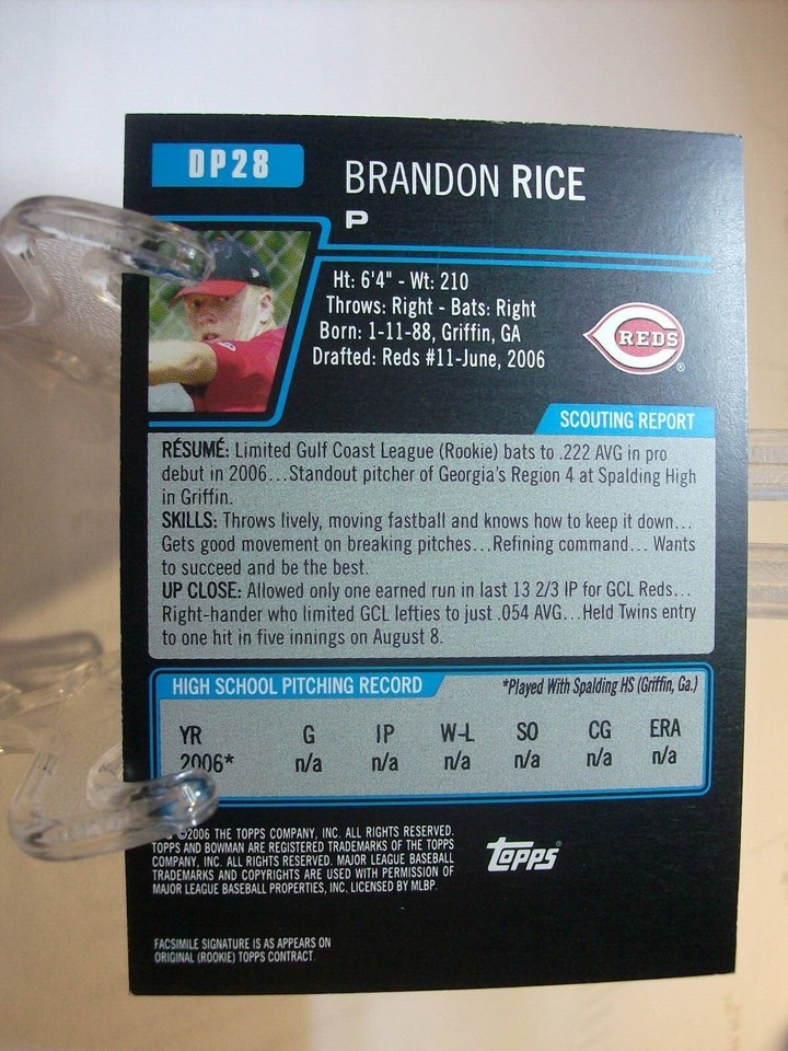 2006 Bowman Draft Picks & Prospects Draft Picks #DP28 Brandon Rice FBC ...