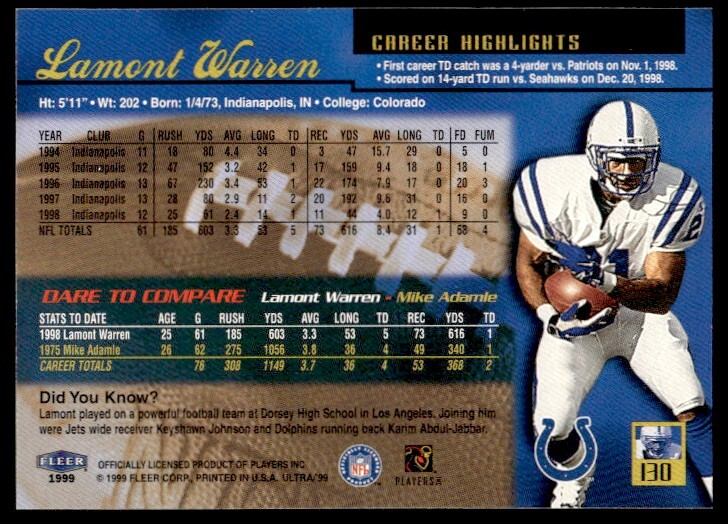 1999 Fleer Ultra Lamont Warren Indianapolis Colts #130 | eBay