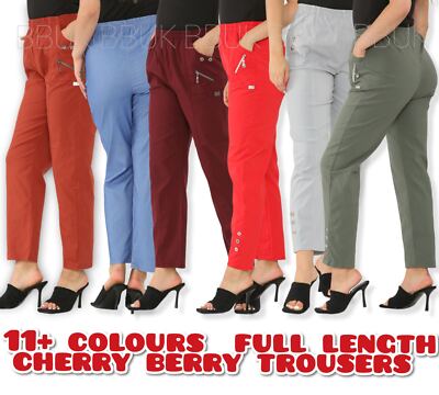 Ladies Full Length Capri Long Cherry Berry Trouser Pant Cotton Stretchy ...