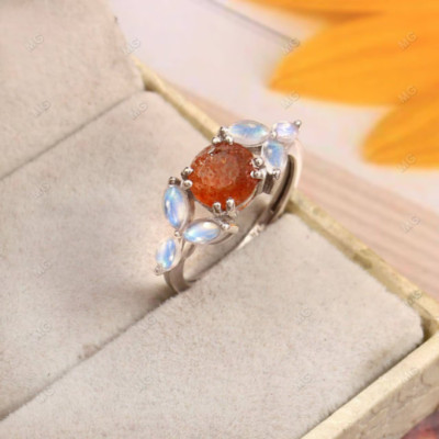 Celestine Galaxy Trio Ring in Sunstone Moonstone 925 Silver Engagement Ring Gift | eBay