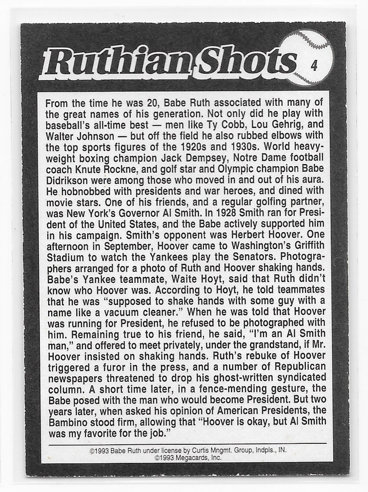 1993 MEGACARDS INC RUTHIAN SHOTS # 4 BABE RUTH New York Yankees ...