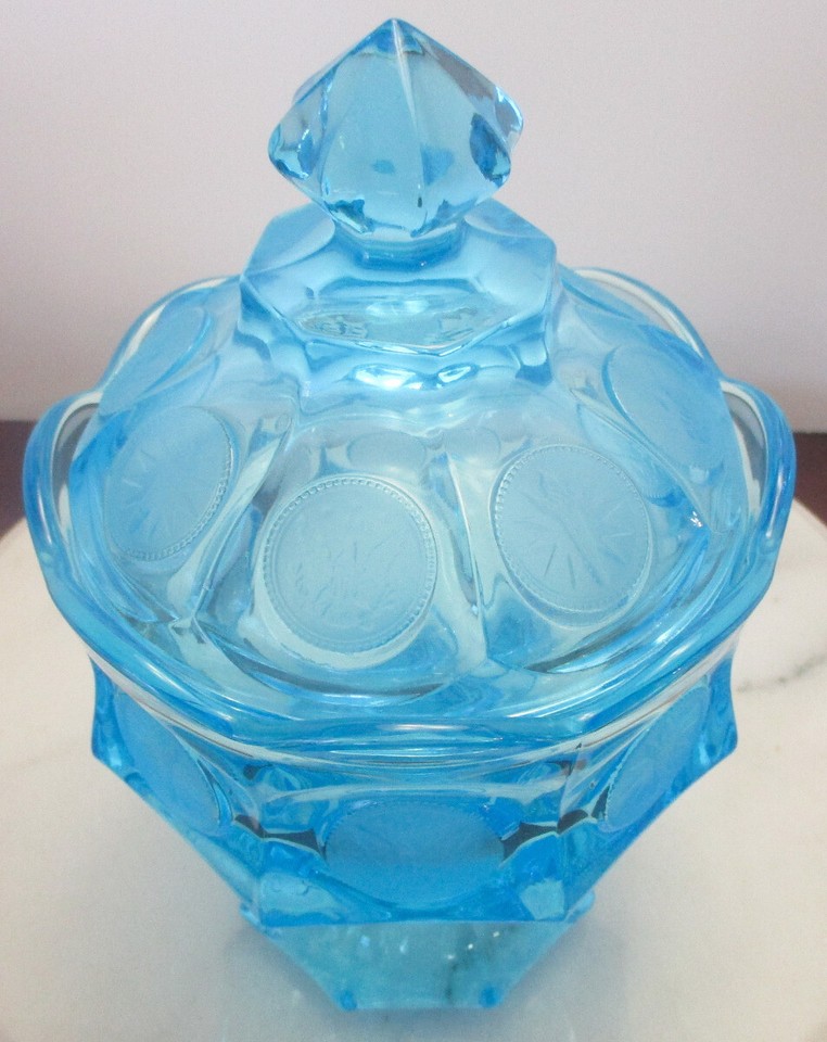 Vintage Fostoria Aqua Blue Coin Glass Pedestal Covered Candy Dish | eBay