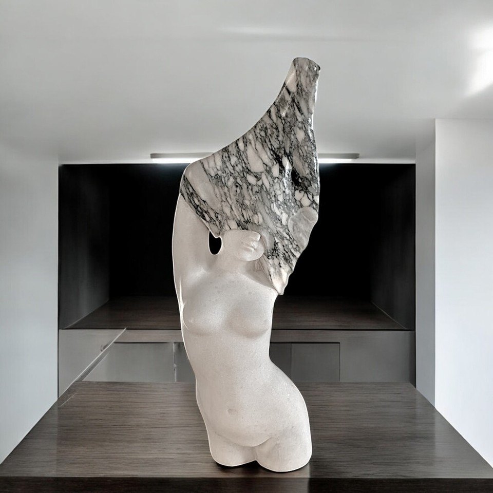 Modern Sculpture Woman's Body Veiled In White Carrara Marble Light Gray ...