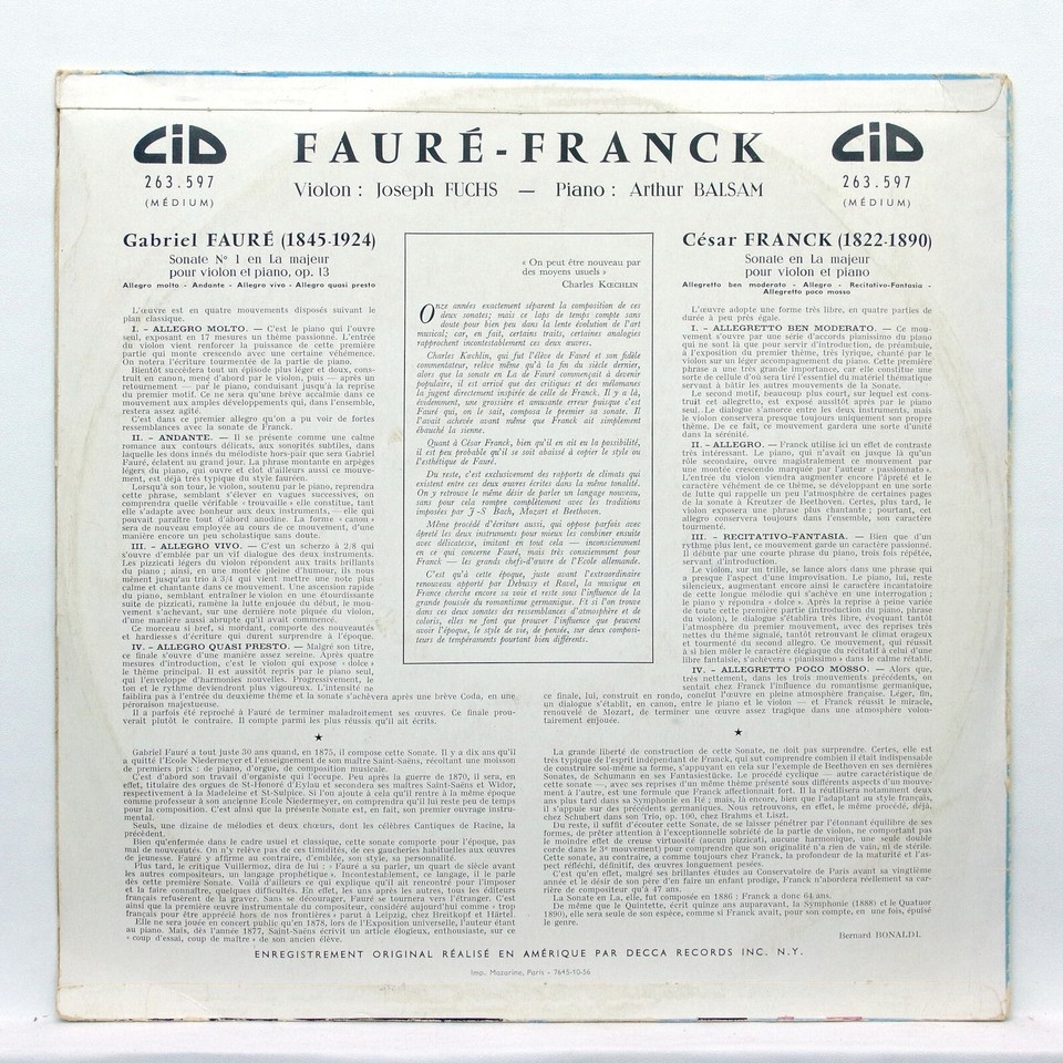 JOSEPH FUCHS, ARTHUR BALSAM ⸺ FRANCK & FAURE violin & piano sonata ...