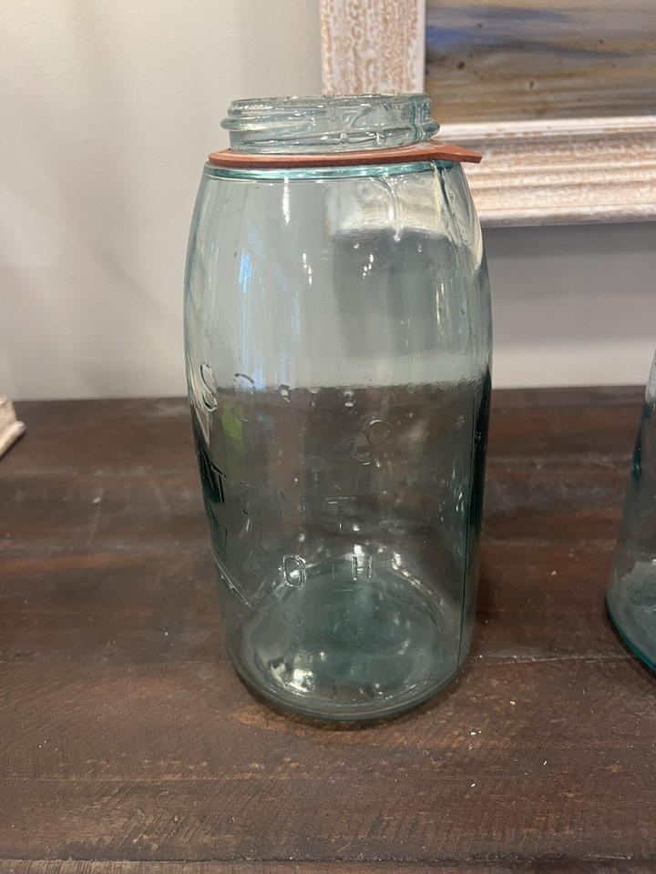 Set 2 Vtg Aqua Mason’s Jar Patent NOV 30th 1858 1/2 Gall Zinc Porcelain ...