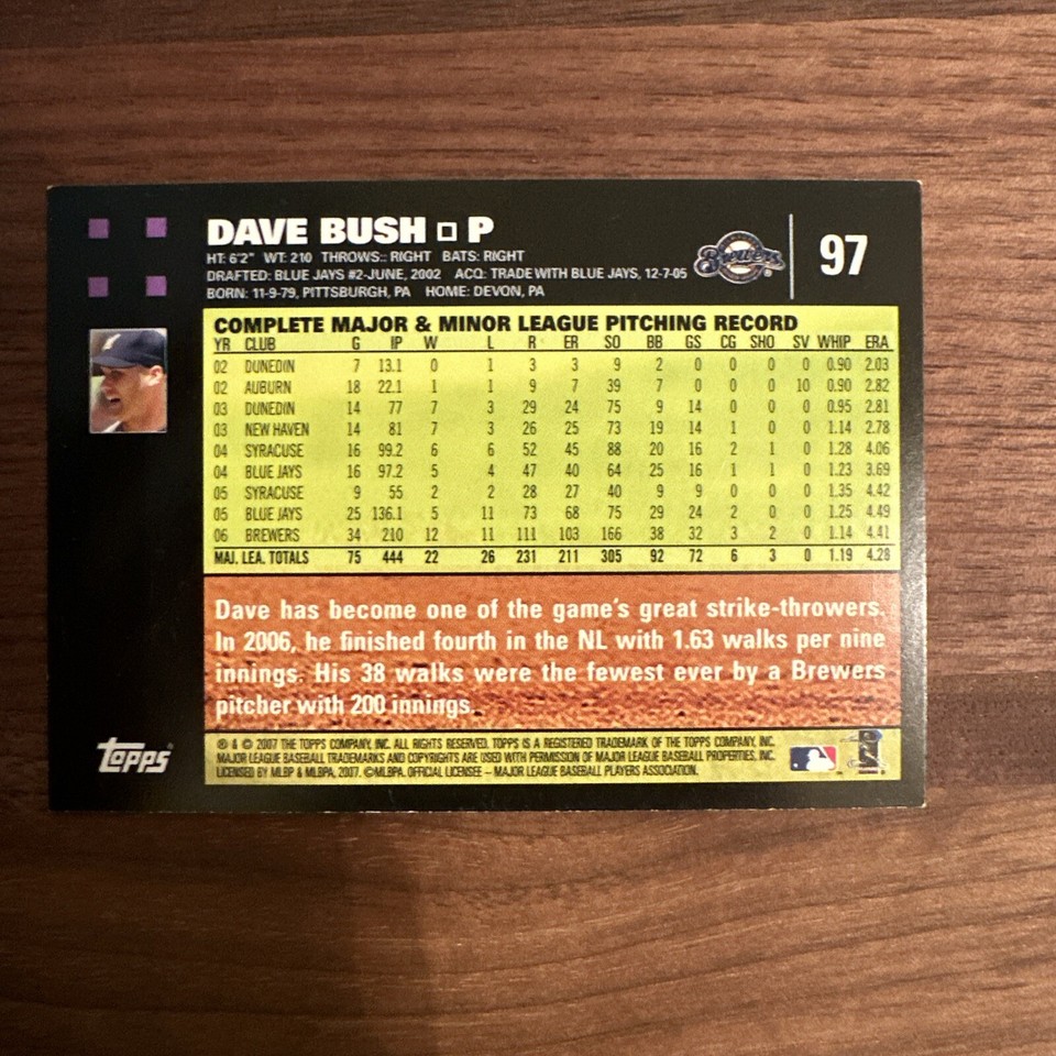 Dave Bush Signed 2007 Topps #97 Card Milwaukee Brewers Auto AU | eBay