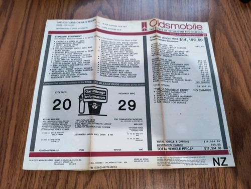 Original 1993 Cutlass Ciera S Sedan Oldsmobile Dealer Window Sticker | eBay