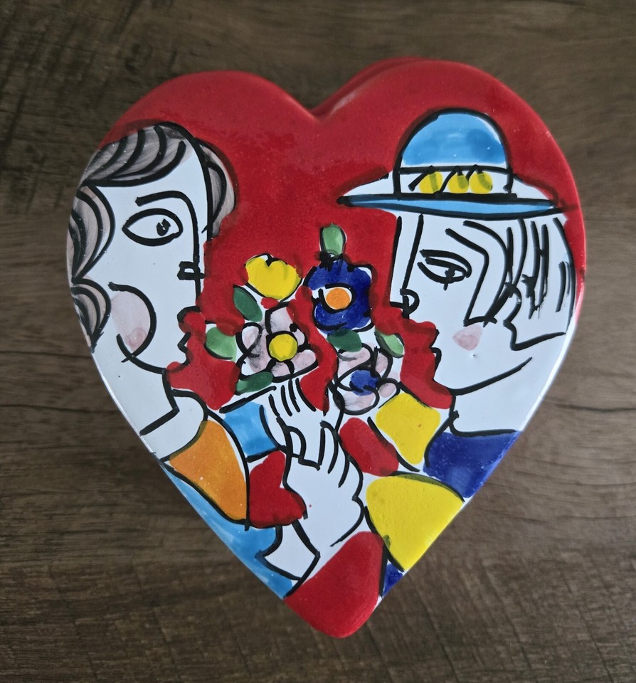 Vintage LA MUSA Italy Pottery Heart Shaped Trinket Box Vibrant Abstract ...