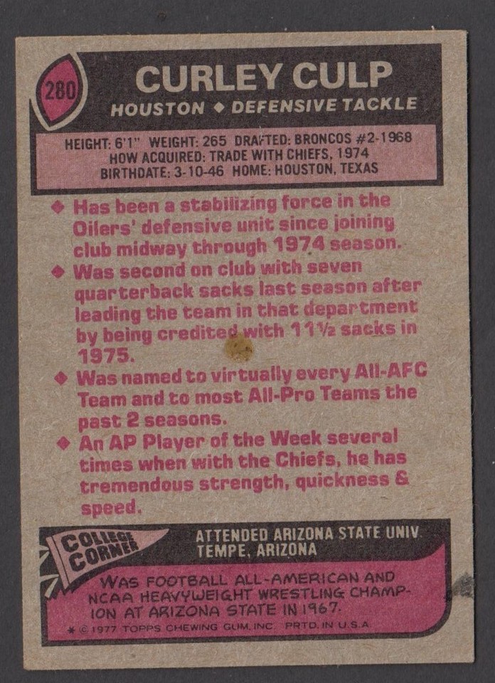 1977 Topps Football Curly Culp Houston Oilers #280 | eBay