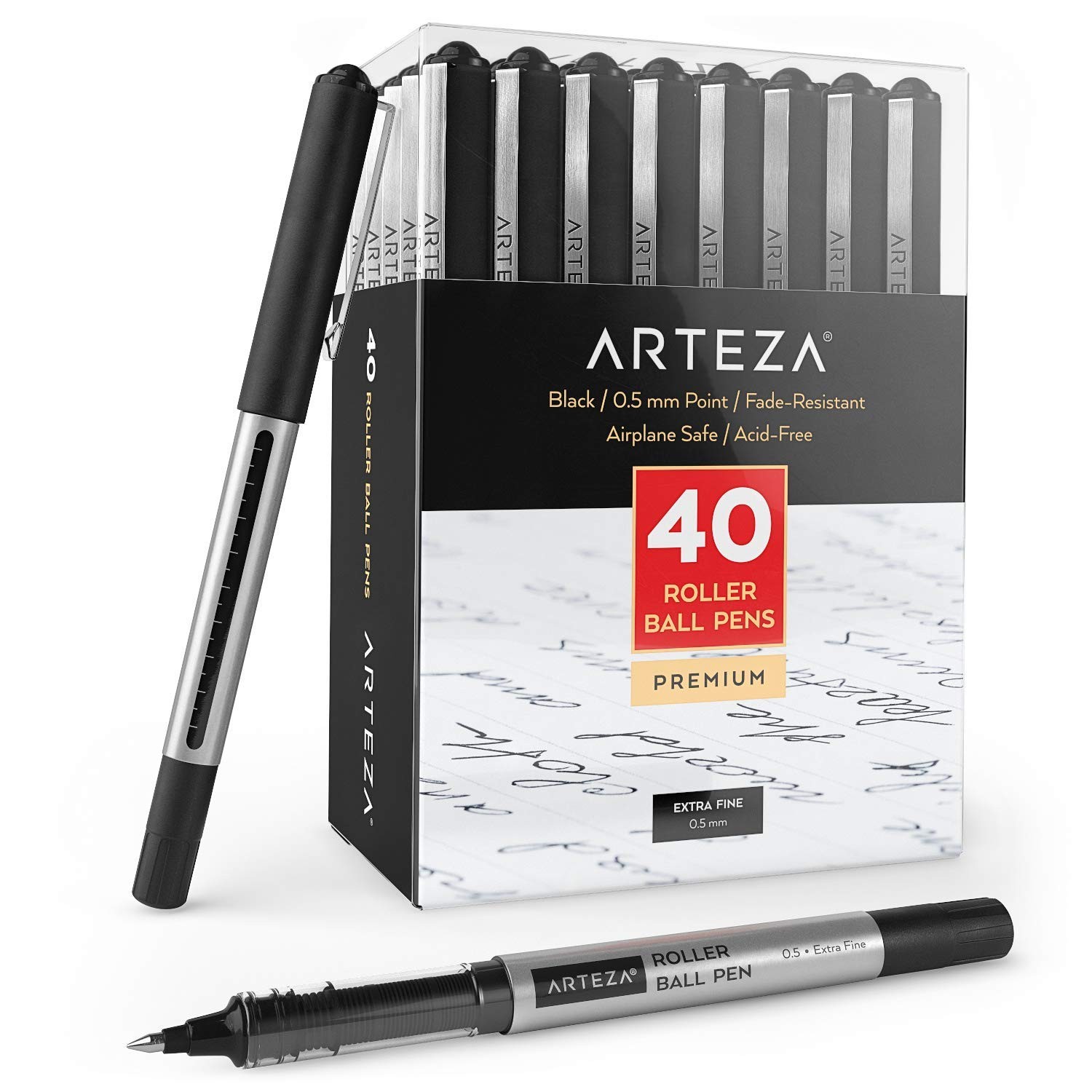 ARTEZA Rollerball Pens, Pack of 40, 0.5mm Black Liquid Ink Pens Kitchen ...