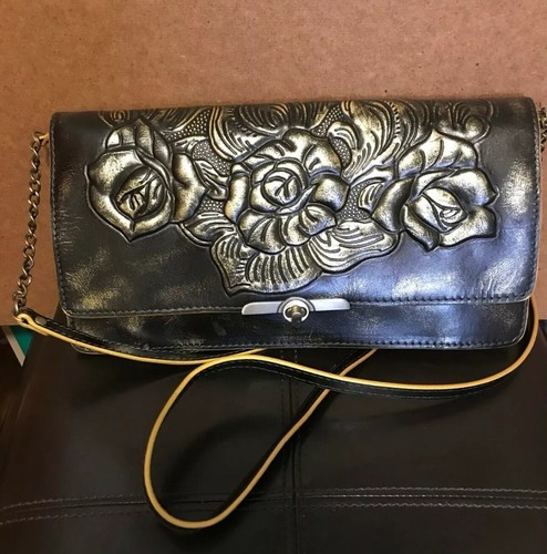 Patricia Nash crossbody bag clutch metallic rose leather black gold | eBay