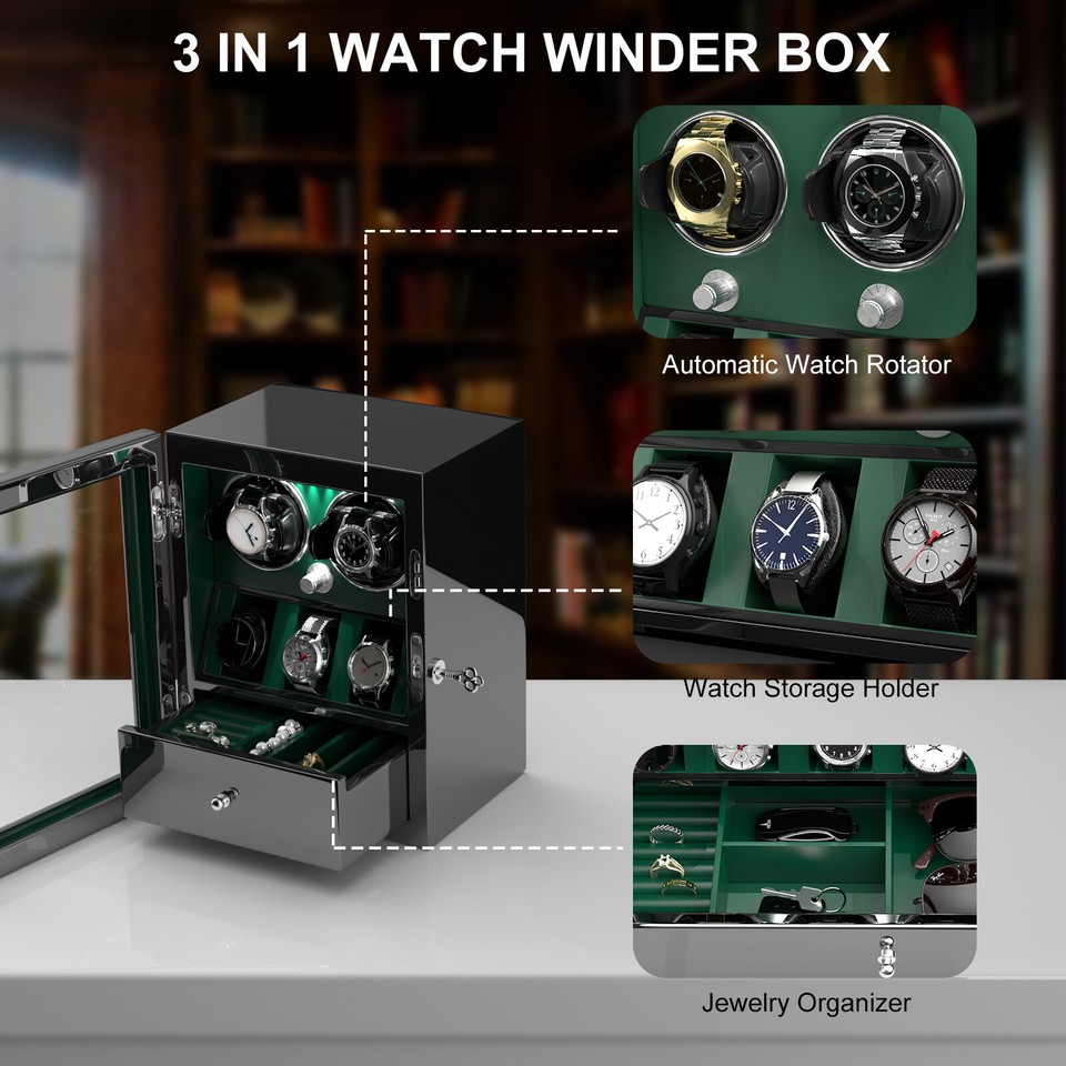 Automatic Rotation 2 Watch Winder With 3 Watches Display Storage Box ...