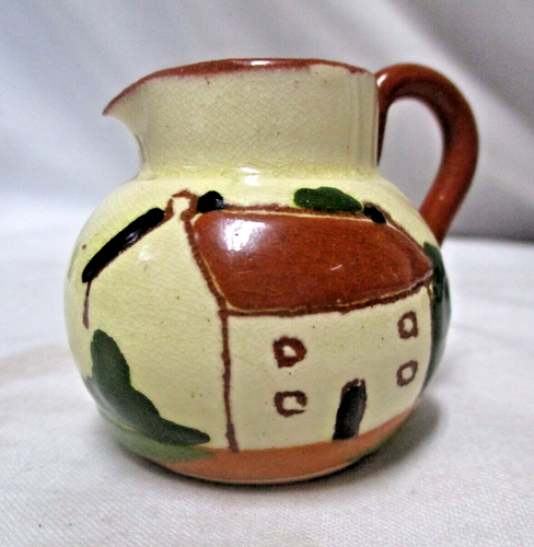 Vintage Miniature Stoneware Pitcher Painted House “SOFT WORDS WIN ...