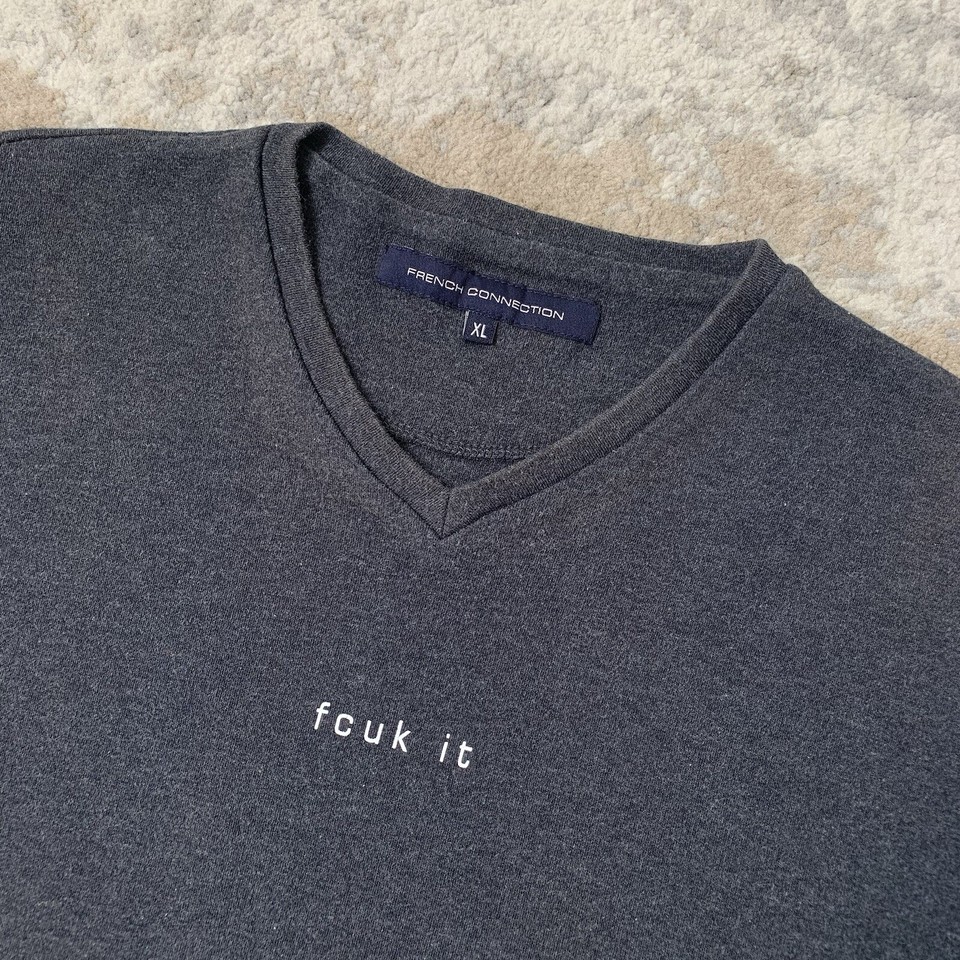 Vintage FCUK French Connection Slogan Print V Neck Light Jumper Dark ...