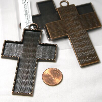 3 Big 3 1/8" Antique Copper Cross Embellish Bezel Cup Setting Pendant ...