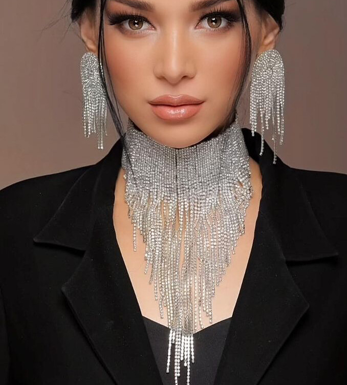 Handmade Queen Style Waterfall Rhinestone Necklace Choker Earrings ...