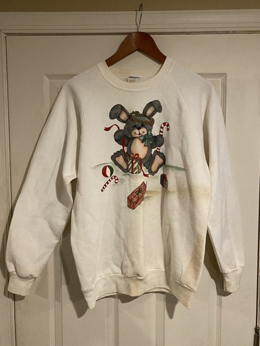 VINTAGE 90s CHRISTMAS JUMPER WOMENS SIZE L LARGE BUNNY RABBIT WHITE | eBay
